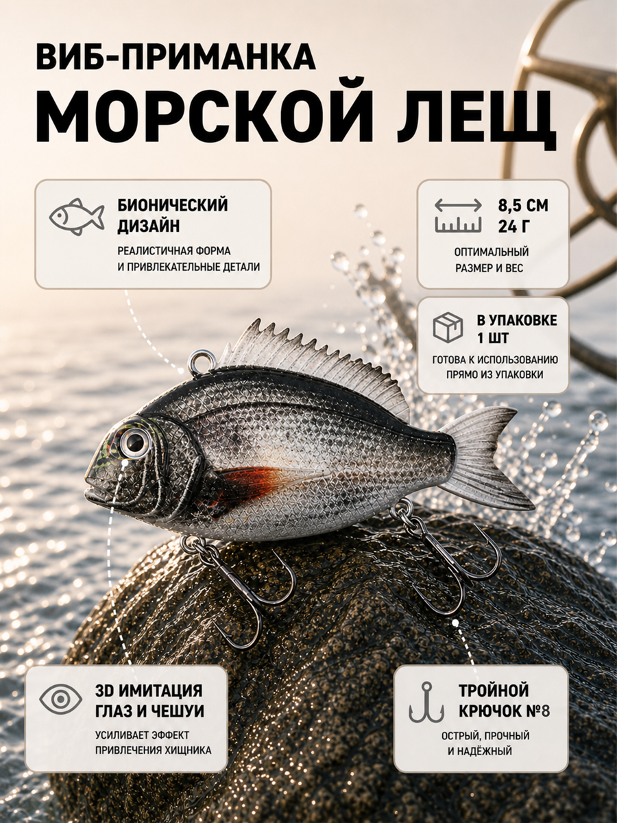 Рыболовная 3D вибрационная виб-приманка (VIB), имитация морского леща, тонущая для дальнего заброса, с тройным крючком 8,5 см/24 г, черно-белая