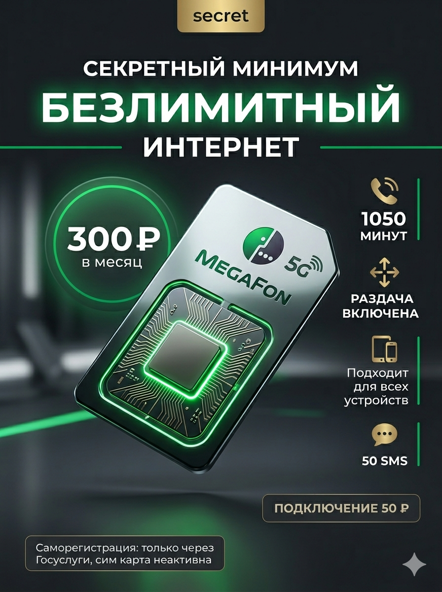 МегаФон Сим-карта для интернета. Sim-карта Вся Россия. Идеально для смартфона, роутера, модема за 300р/мес.