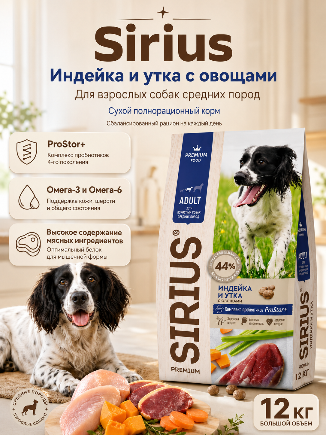 Корм для собак SIRIUS Индейка и Утка с овощами средние породы 12 кг
