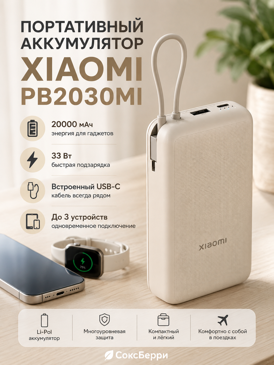 Внешний аккумулятор Xiaomi PB2030MI, ёмкость 20000 мА·ч, зарядка через USB-C и USB-A