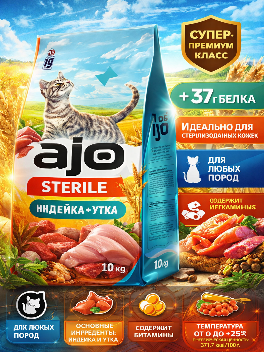 Корм сухой Ajo Sterile для кошек индейка-утка, 10кг