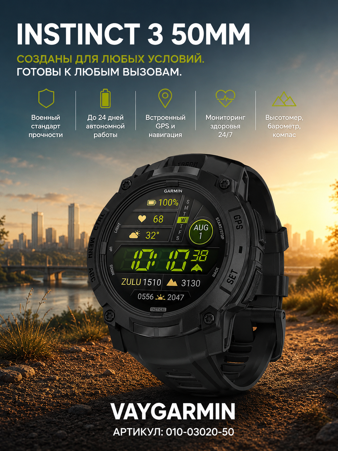 Смарт-часы Garmin Instinct 3 - 50 mm AMOLED Tactical Edition Black (010-03020-50)
