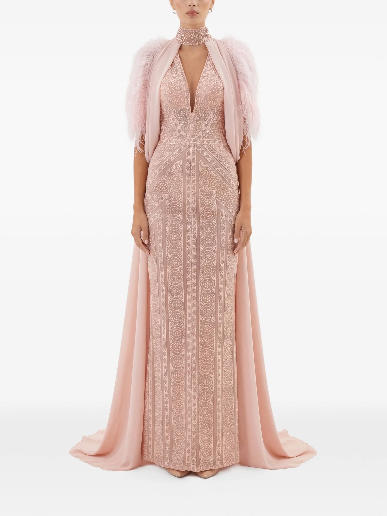 Платье Lace feathered-trim gown