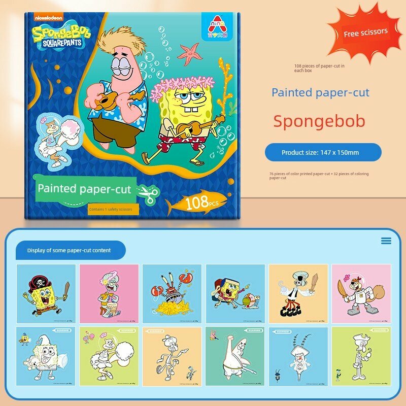 Набор для творчества с вырезанием бумаги SpongeBob SquarePants, 108 листов для детей 3-6 лет, обучающий DIY-игрушка
