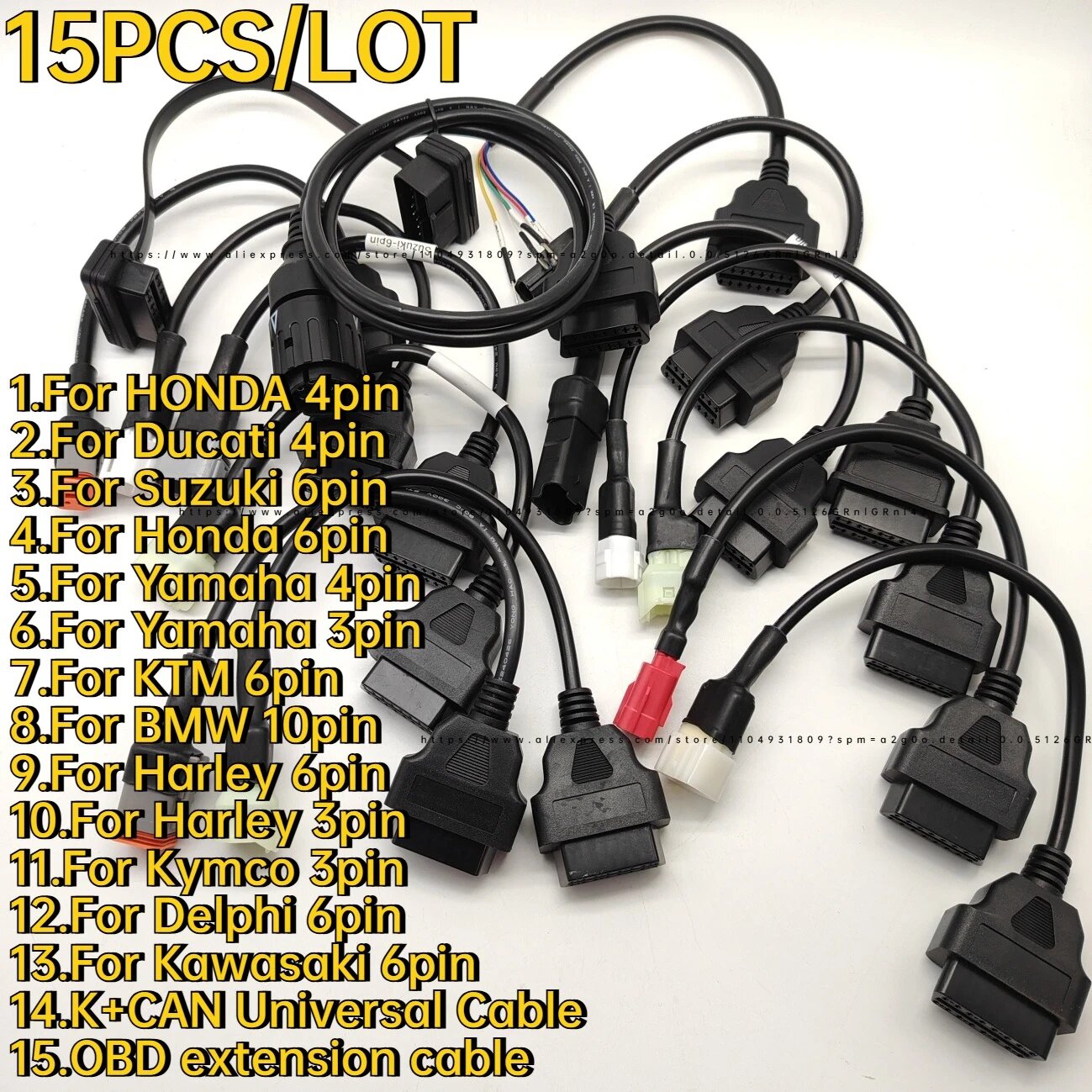 15 шт./лот OBD2 разъем для мотоцикла YAMAHA, Suzuki, HONDA, Harrley, Delphi K + CAN, для Ducati, для KTM, для BMW, кабель