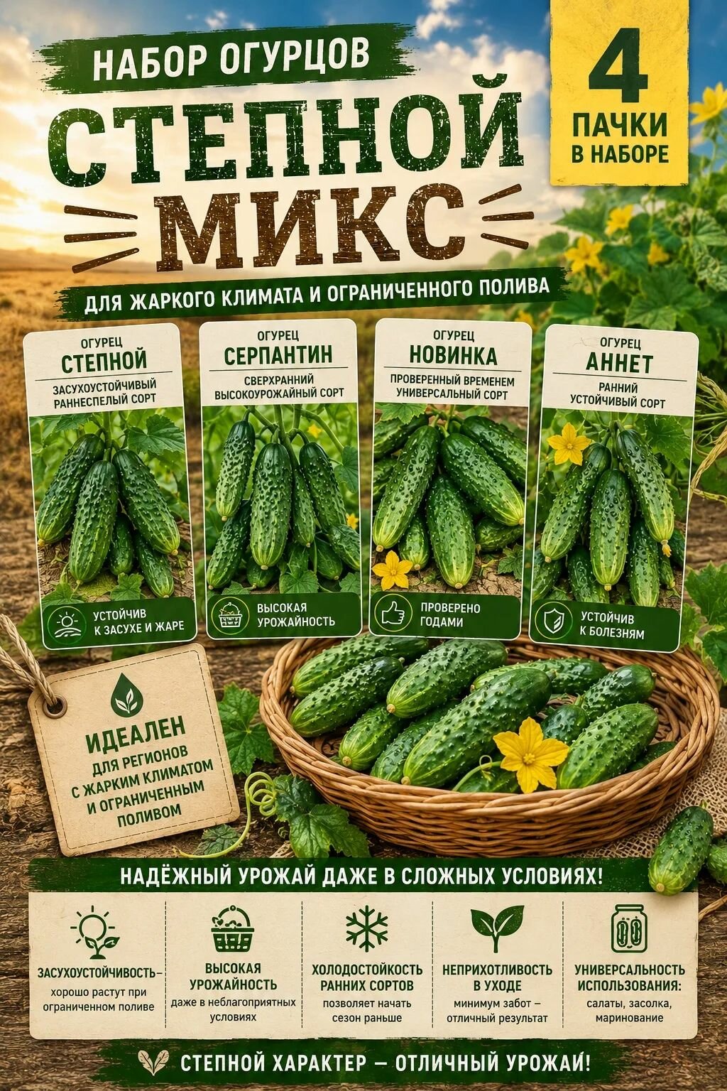 Семена Набор огурцов Степной микс 4 шт