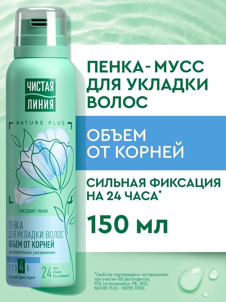 Чистая Линия Пенка для укладки волос для объема, мусс сильной фиксации, с экстрактом льна, 150 мл