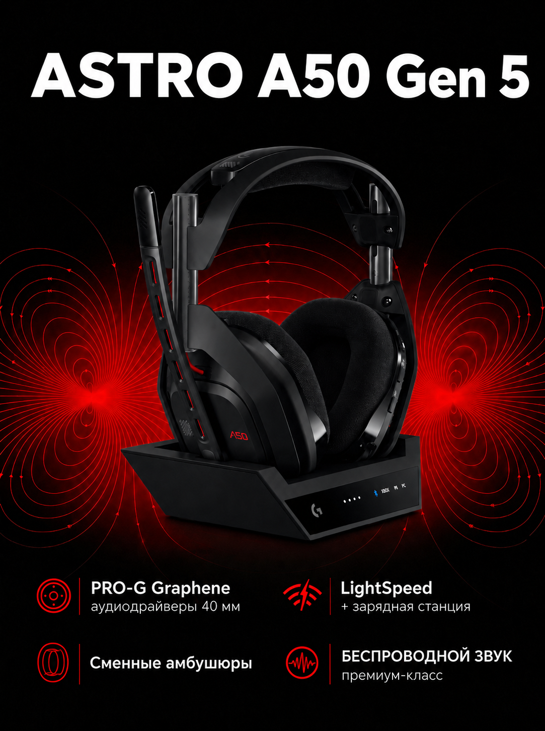 Игровые наушники Logitech Astro A50 Gen 5, Черные , беспроводные, с док-станцией