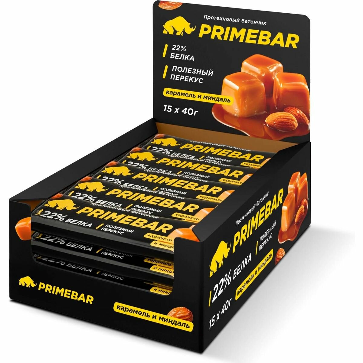 Батончик протеиновый PRIMEBAR карамель и миндаль (15 батончиков по 40г) (2290841), 8 уп.
