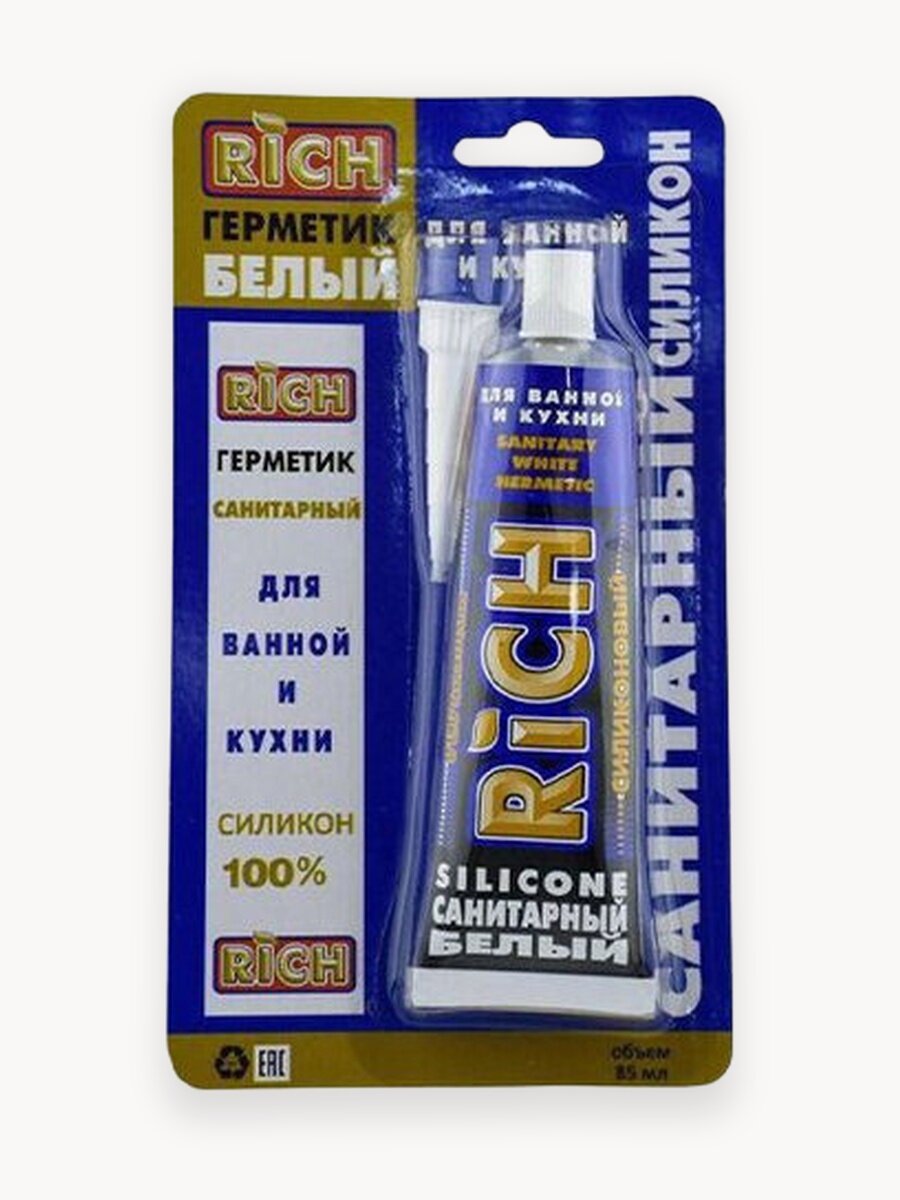 Герметик "RICH"санитарный , для ванной и кухни силикон 100% , цвет: белый, объем 85 ml