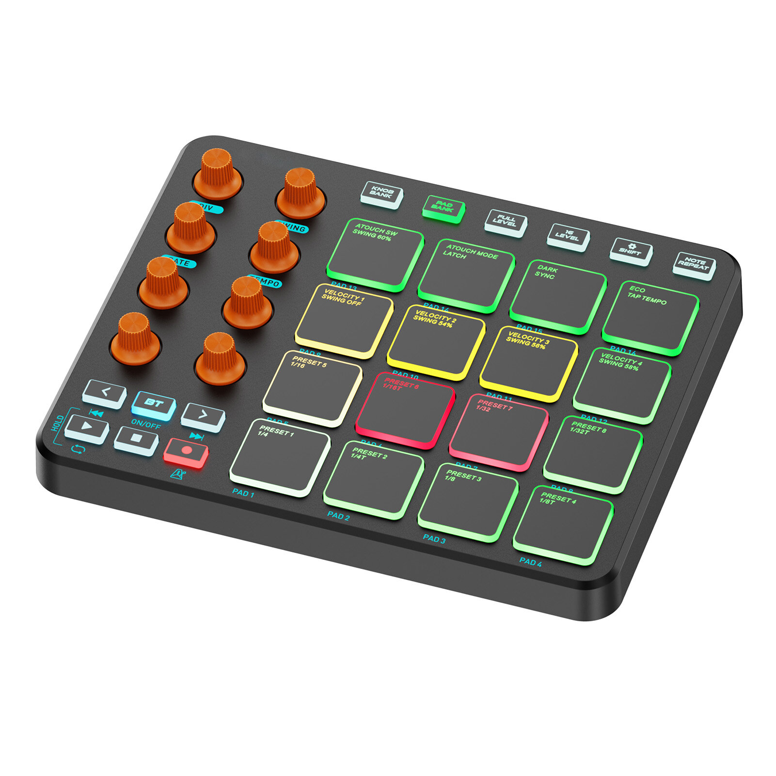 MIDI-контроллер Беспроводная MIDI-клавиатура 16 RGB-пэдов 6 настраиваемых кнопок 8 ручек Перезаряжаемый ПК Поддержка мобильных приложений для начинающих