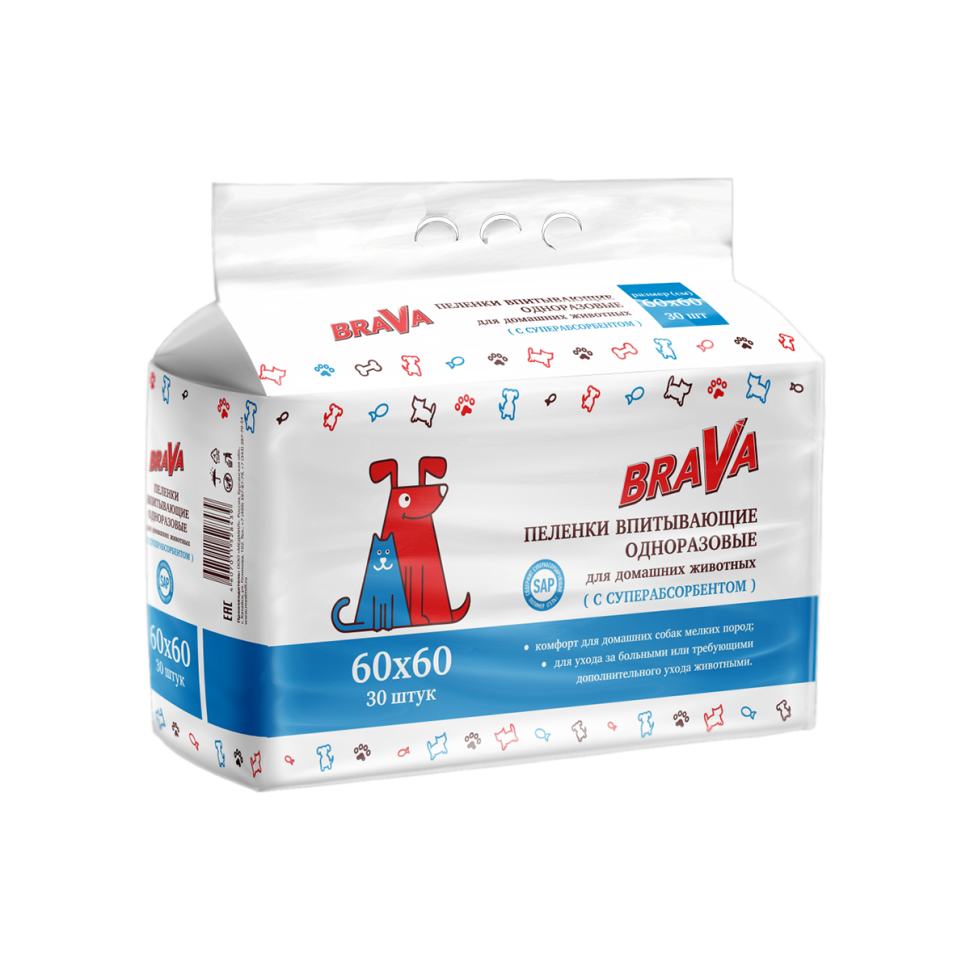 Brava пеленки впитывающие одноразовые для домашних животных с суперабсорбентом, гелевые, шестислойные, 60х60 см - 30 шт