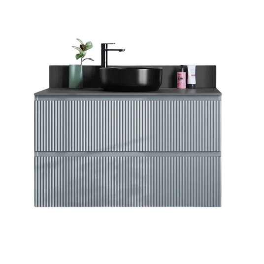 Тумба под раковину со столешницей Itana Kate 100 подвесная, серая, с отверстием под смеситель, из МДФ, с ящиками, с доводчиками