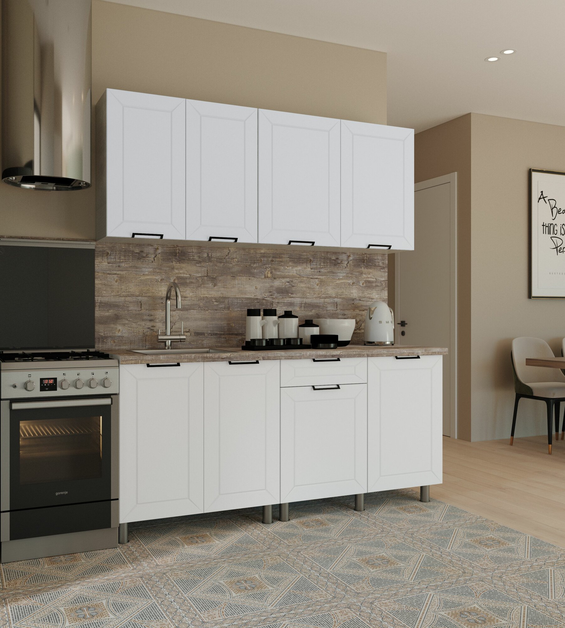 Кухонный гарнитур Ривьера (Корпус: 1,8 м белый + Фасад: "Ривьера" 1,8 м Карбон Фарфор) (Микон)