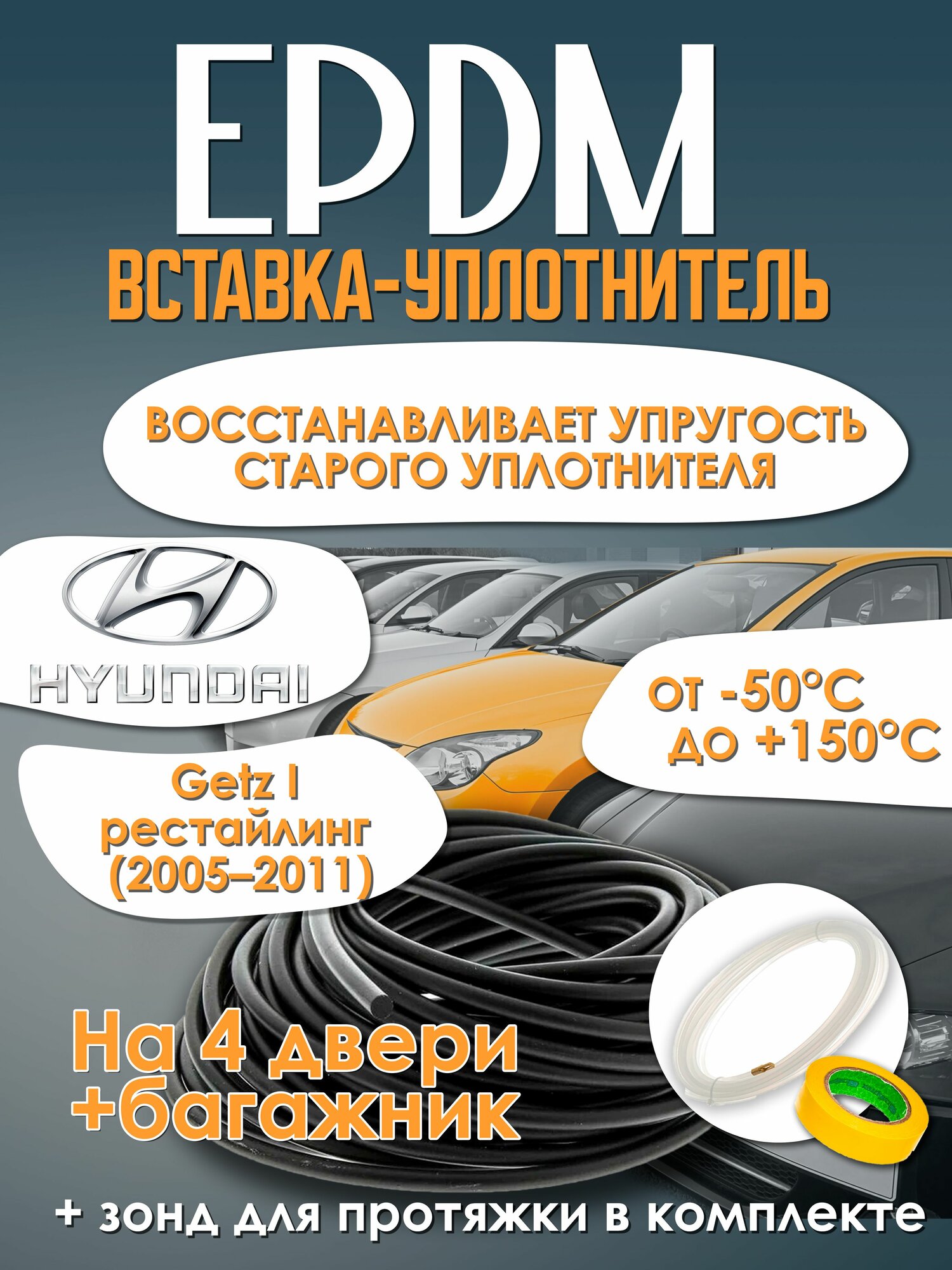 EPDM вставка-уплотнитель для дверей автомобиля Hyundai Getz I рестайлинг (2005-2011) / Хендай Гетц 1 поколение рестайлинг