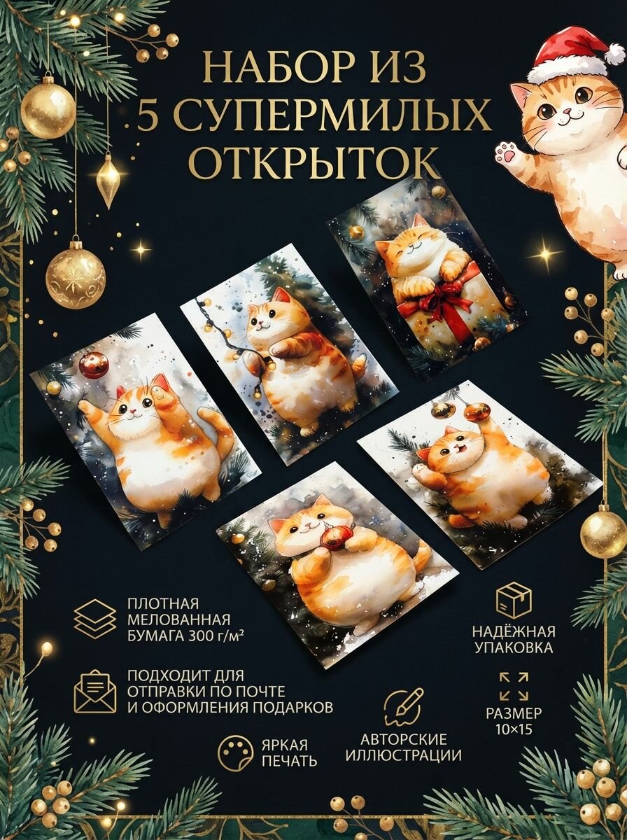 "Пухленькие новогодние котики": набор из 5 открыток для посткроссинга и поздравлений на Рождество и Новый год
