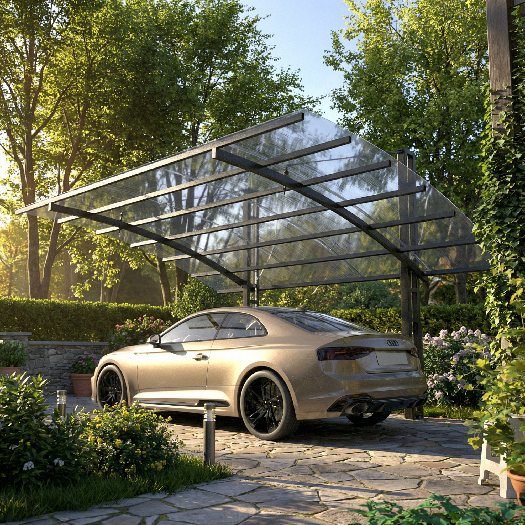 Автонавес консольный TEHNO ARL-A, поликарбонат входит в комплект, размер 3,85x5,29 м, цвет шоколад RAL 8017