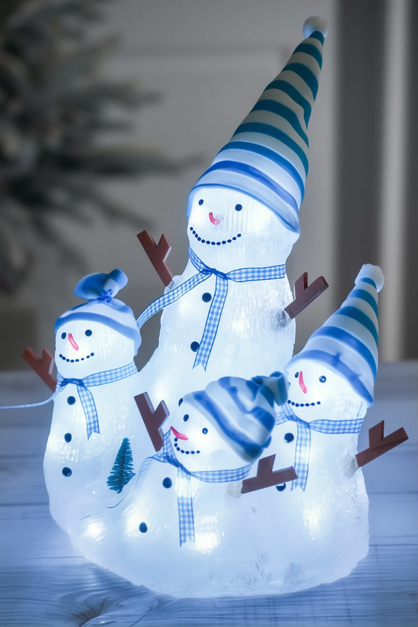 Светящаяся композиция снежные забавы: снеговички, акрил, 30 холодных белых LED-огней, 30 см, батарейки, Winter Deco 4080211
