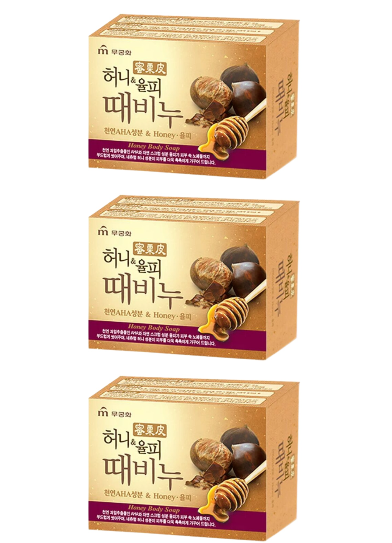 Отшелушивающее и увлажняющее мыло Mukunghwa для тела с медом и скорлупой каштанов Honey Body Soap, 90г, 3шт