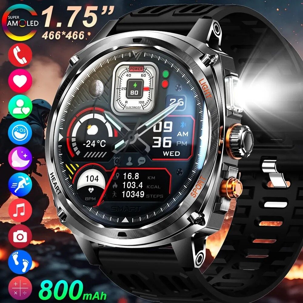 Умные часы JITE, Bluetooth 5.1, AMOLED, 800mAh, IP68, LED-фонарик, чёрный