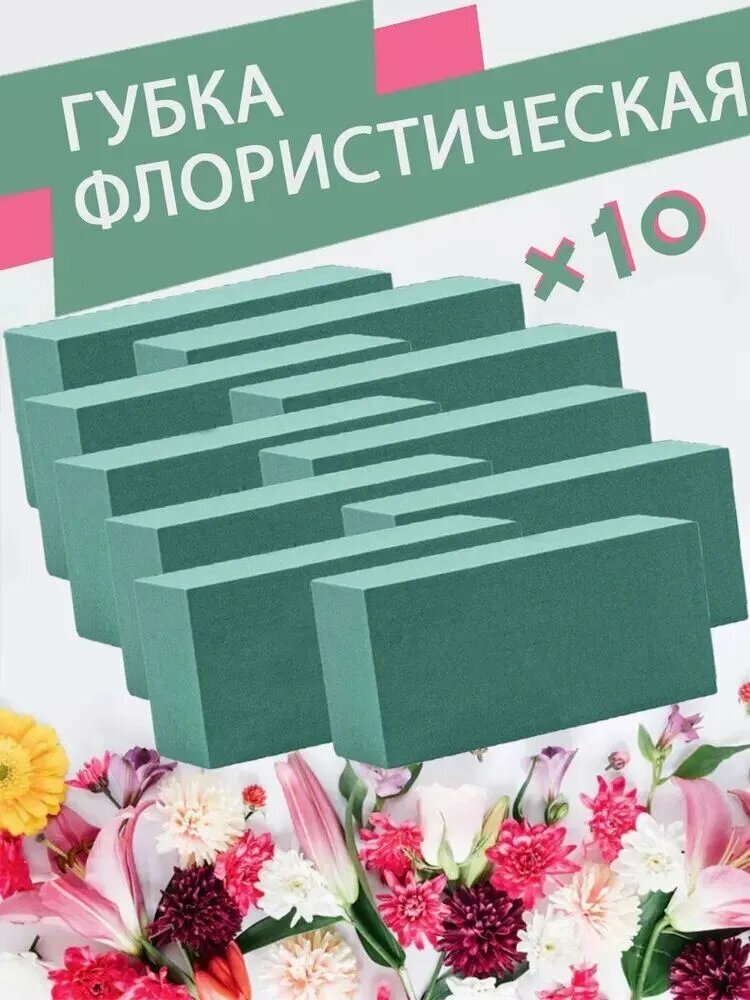 Губка флористическая Oasis Victoria 23*11*7,5 см, 10 шт, основа для цветочных композиций, пиафлора для свежих и искусственных цветов, надежное крепление стеблей
