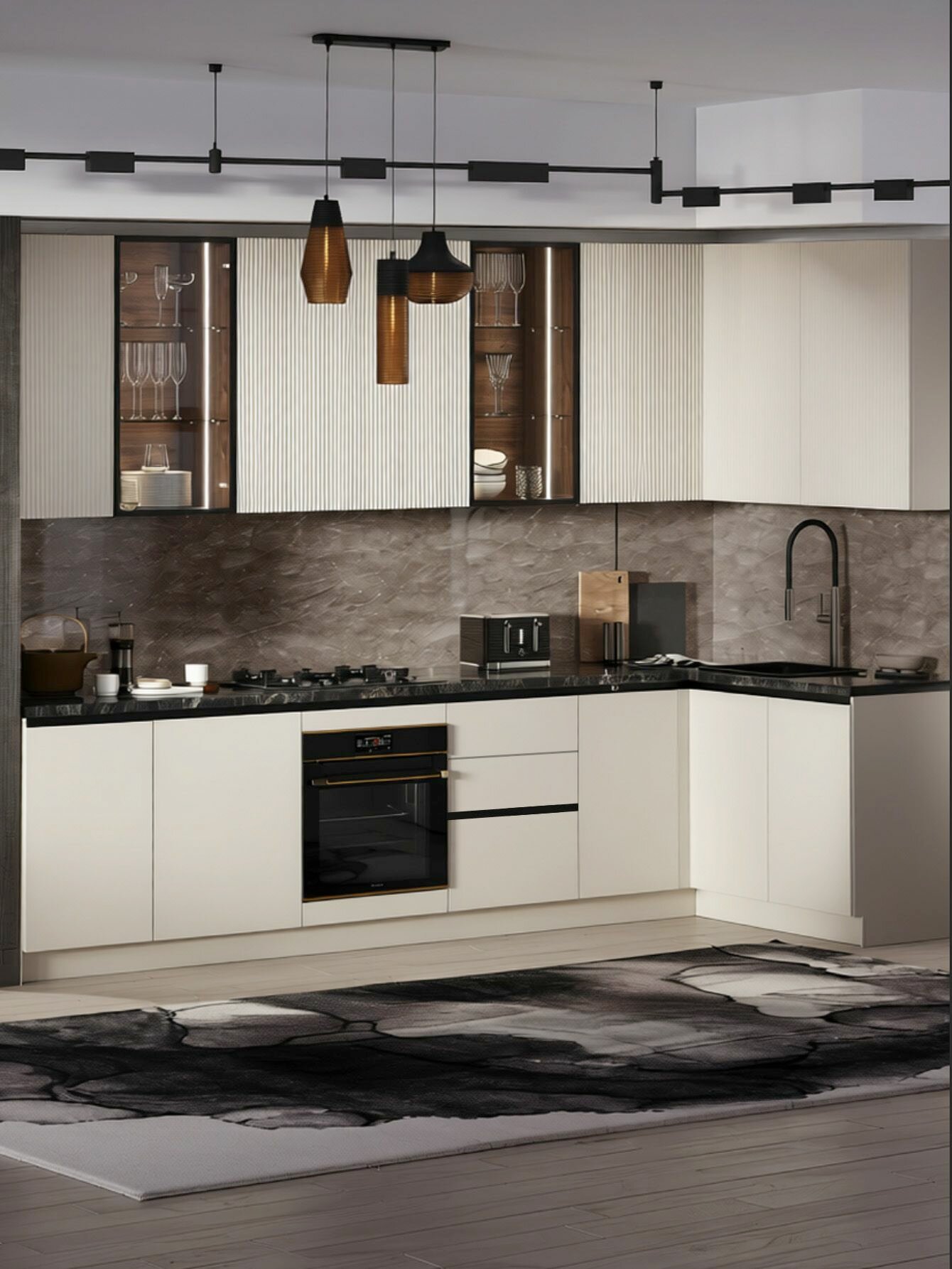 Кухонный гарнитур угловой 3,4/1,5 м Кашемир с фартуком, рифленый эмалевый фасад.