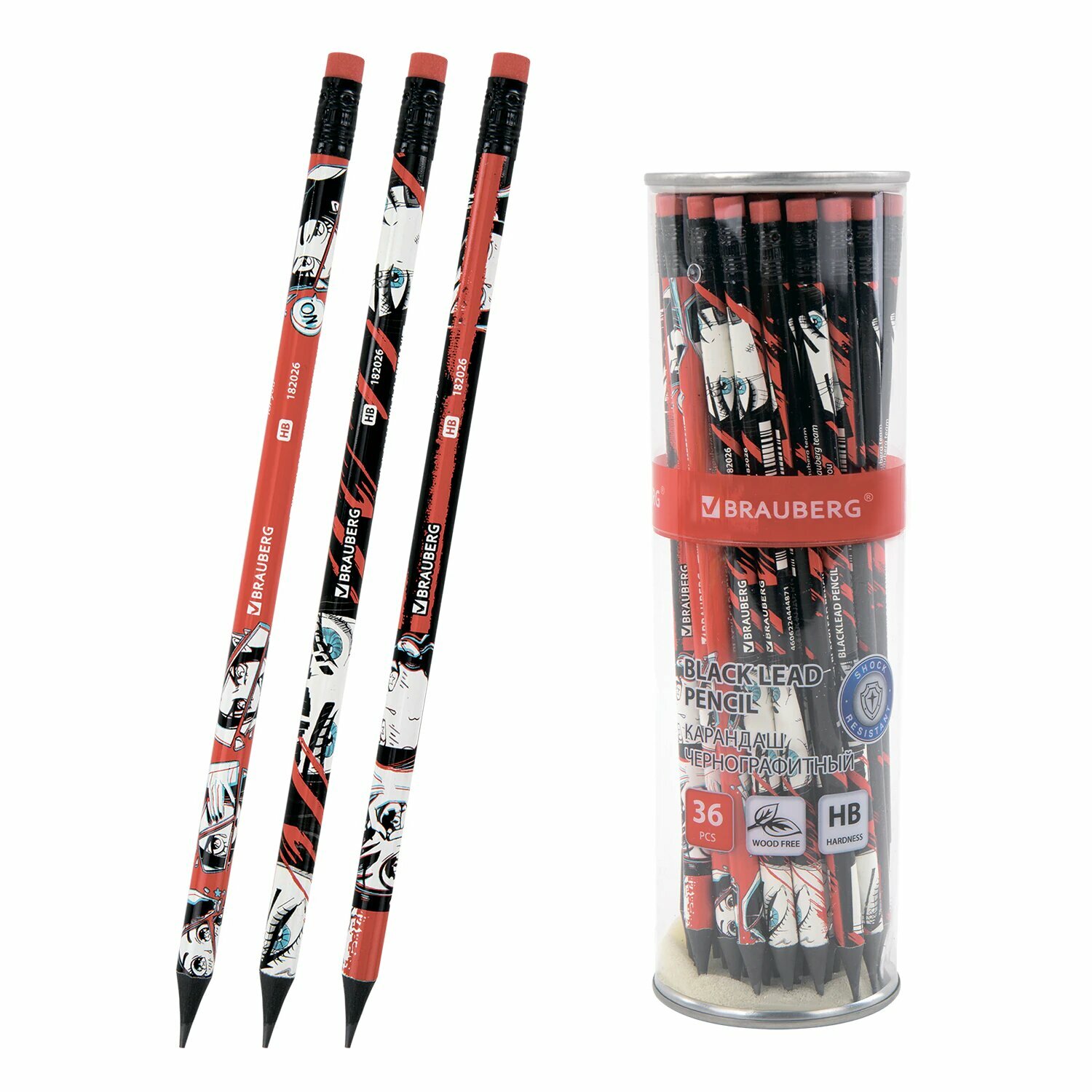 Карандаш чернографитный с принтом BRAUBERG "RED ANIME", 1 шт, HB, с ластиком, корпус ассорти, 182026 (упаковка 36 шт.)