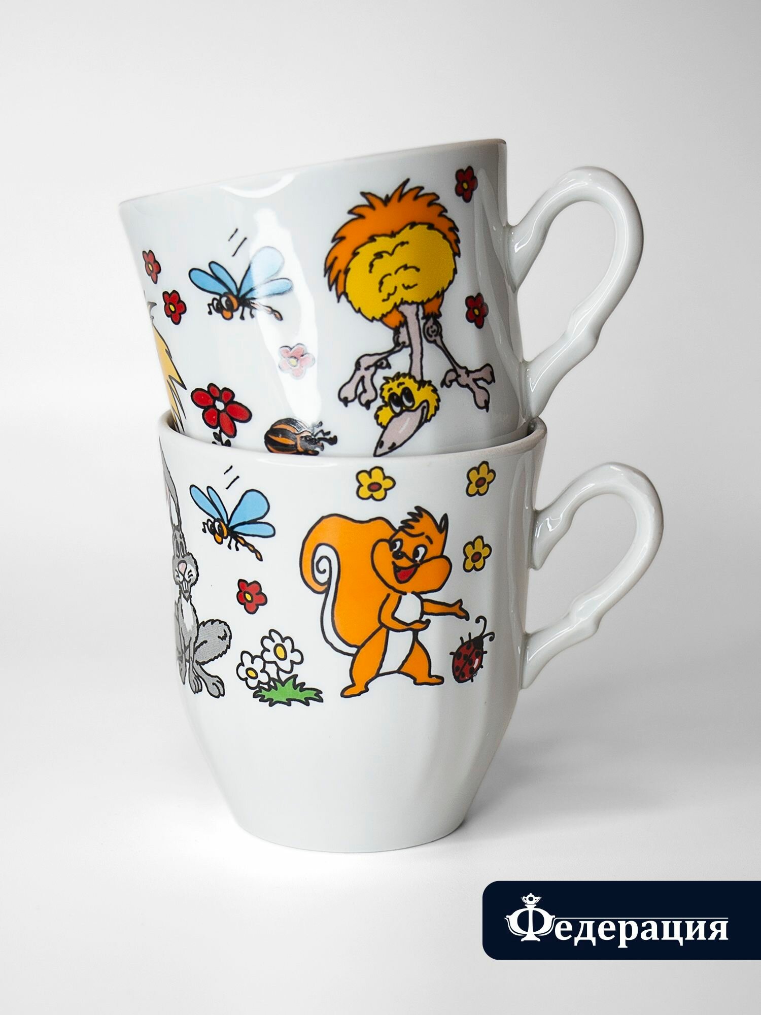 Чашки детские / кружки для детей "Кенгуру, белка, ежик, заяц", советский стиль, Добрушский фарфоровый завод, 250 мл.