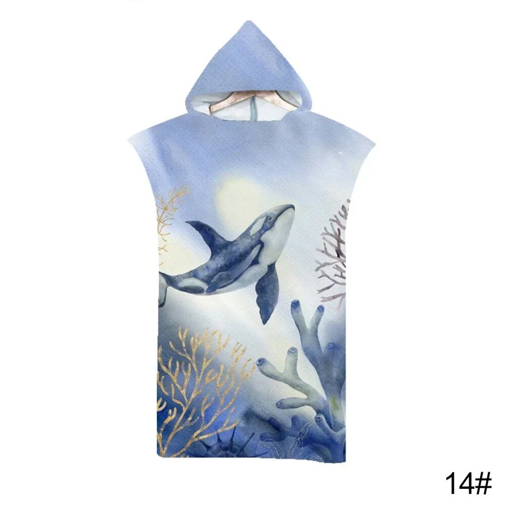 Пляжное полотенце из микрофибры с принтом и капюшоном для взрослых, быстросохнущее пончо для бассейна, банное полотенце с плащом, халат для фитнеса 14