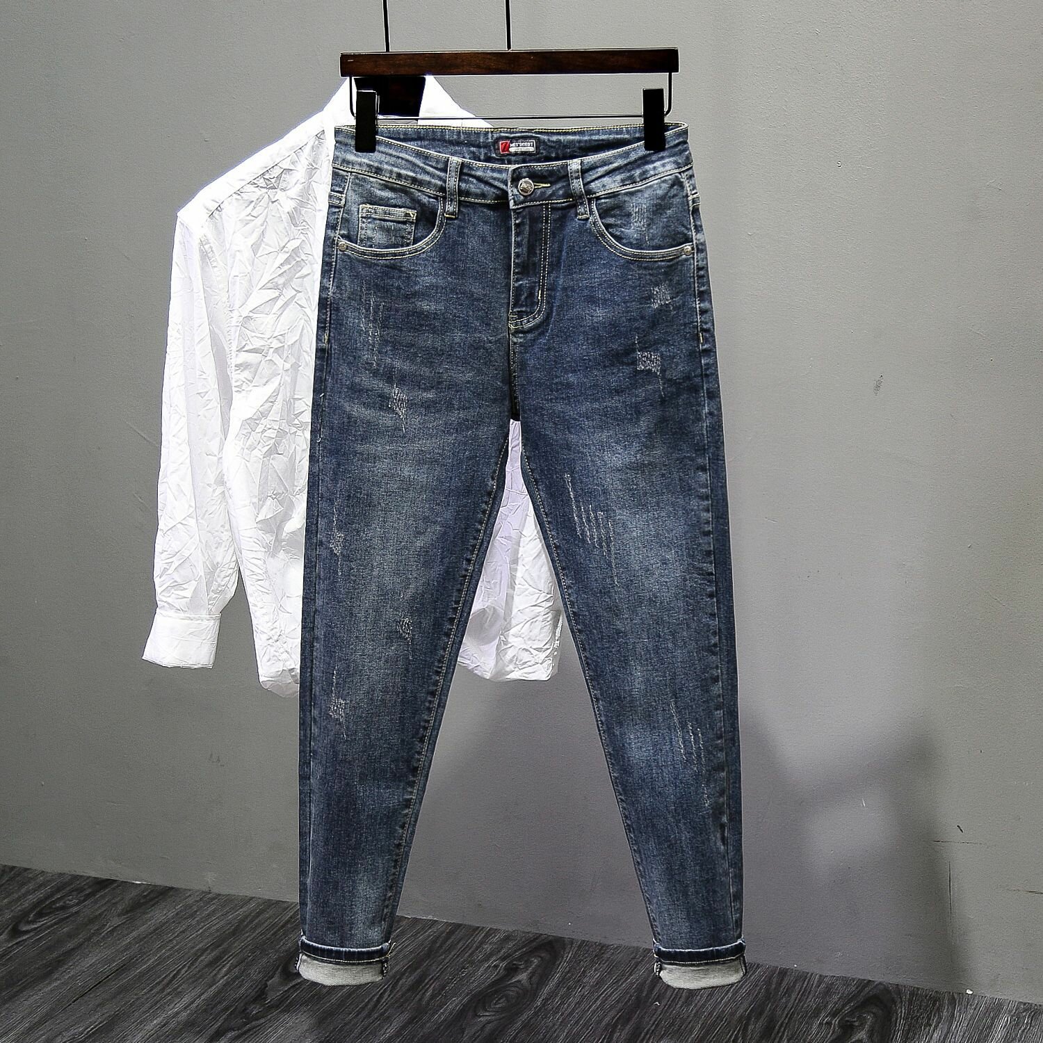 MON Мужские Джинсы Универсальные Слим Кроп Печать Деним, Размер_32