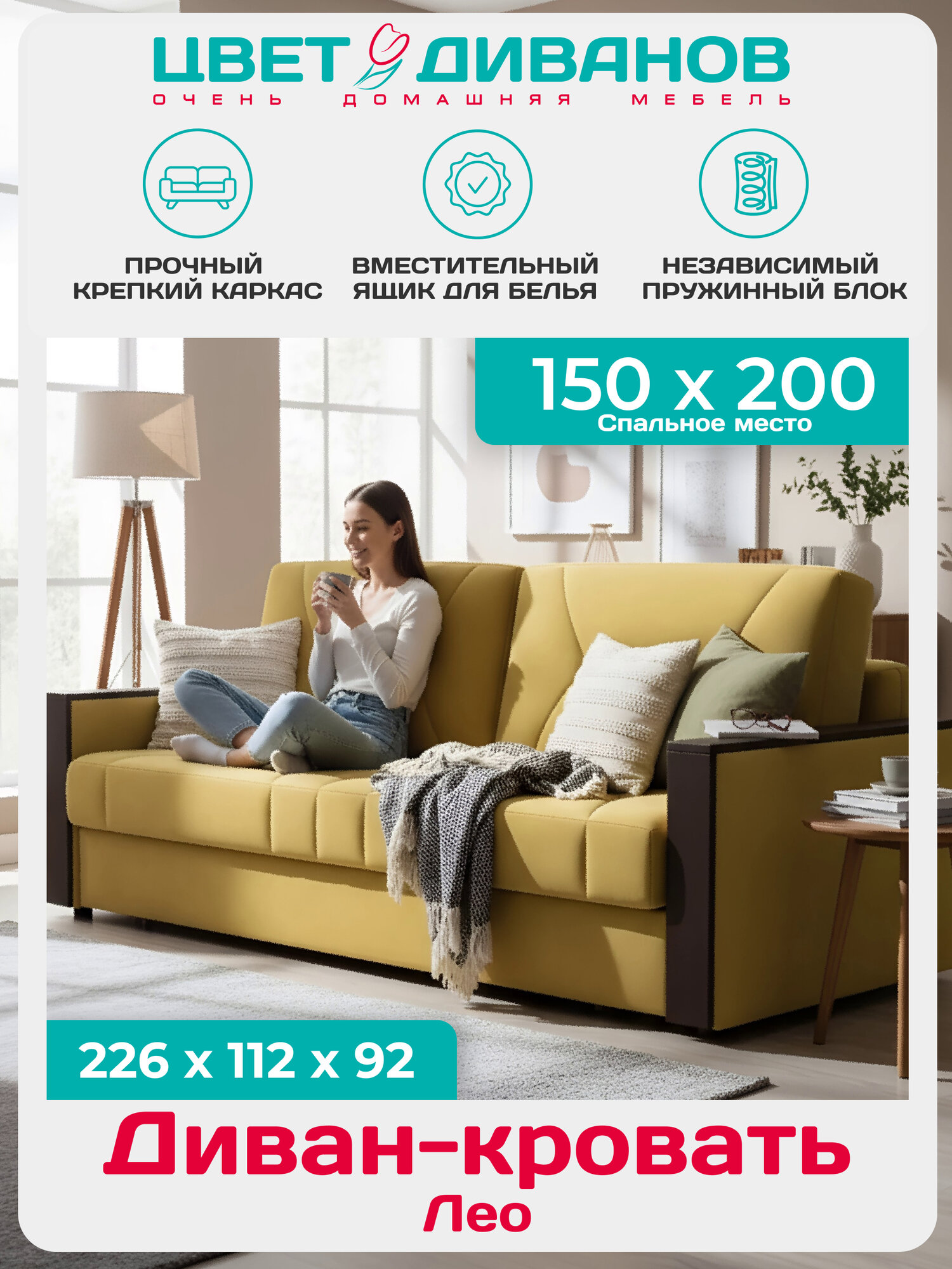 Раскладной диван-кровать прямой двуспальный в гостиную, еврокнижка Лео с ортопедическим матрасом, Цвет Диванов