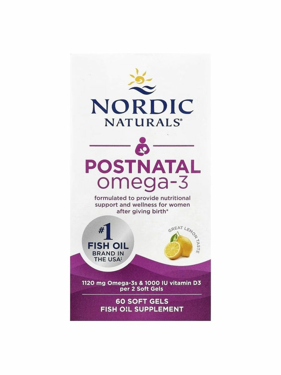 Nordic Naturals, омега-3 и D3 для послеродового периода, Postnatal Omega-3, вкус лимона, 1120 mg, 60 капсул