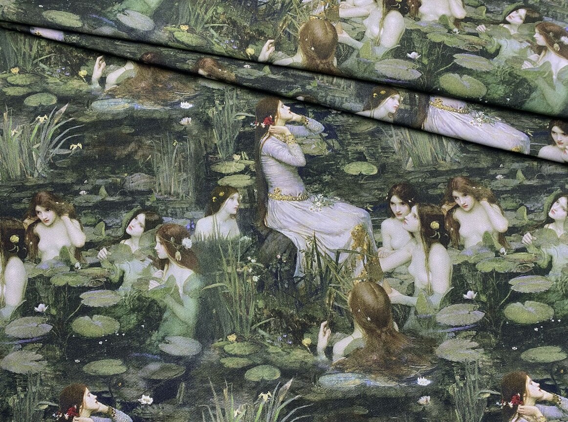 Ткань Джинса темно-зеленого цвета с принтом нимфы 12622