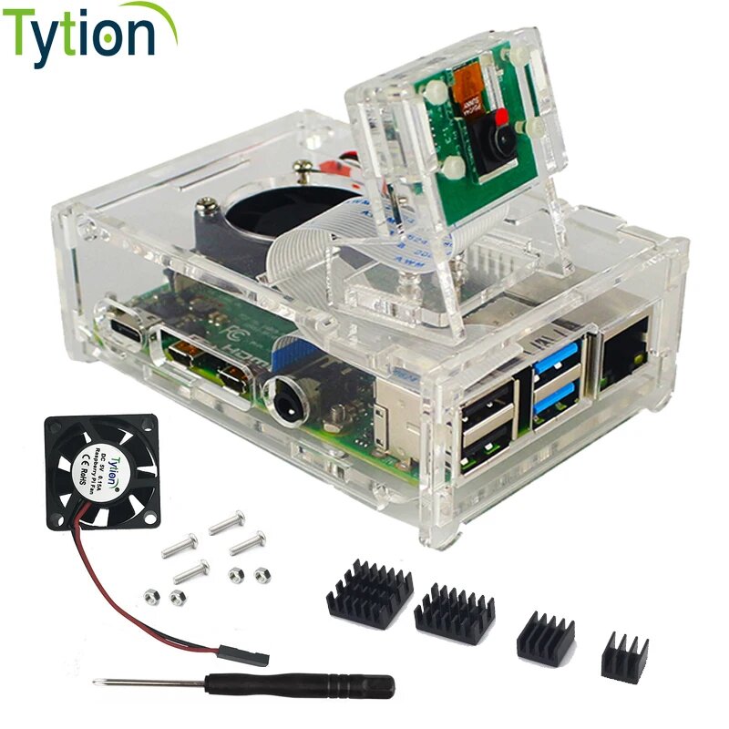 Корпус Raspberry Pi 4 B с поддержкой установки камеры с радиаторами + держатель корпуса камеры + охлаждающий вентилятор + акриловый корпус + камера