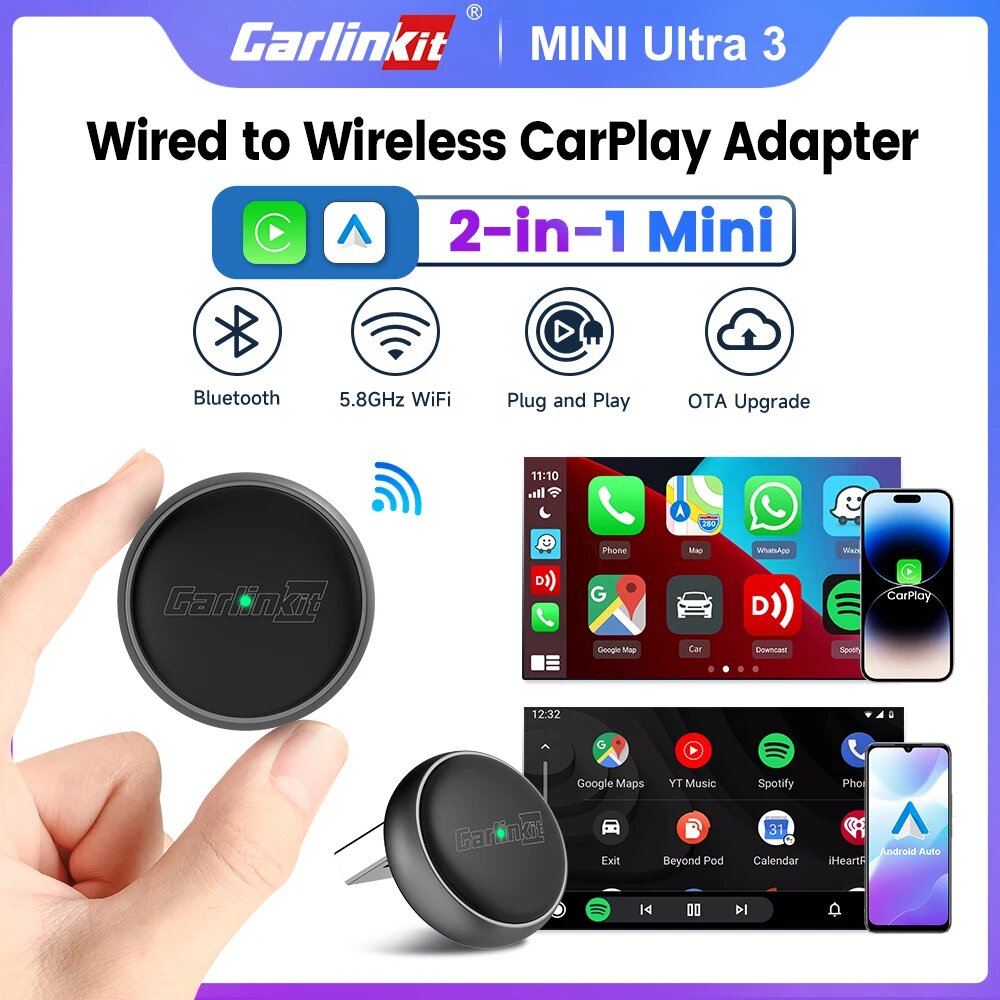 Беспроводной адаптер Carlinkit Mini Ultra 3, преобразует беспроводной Android Auto Plug & Play Carplay WiFi Bluetooth для автомобильного радиоприемника