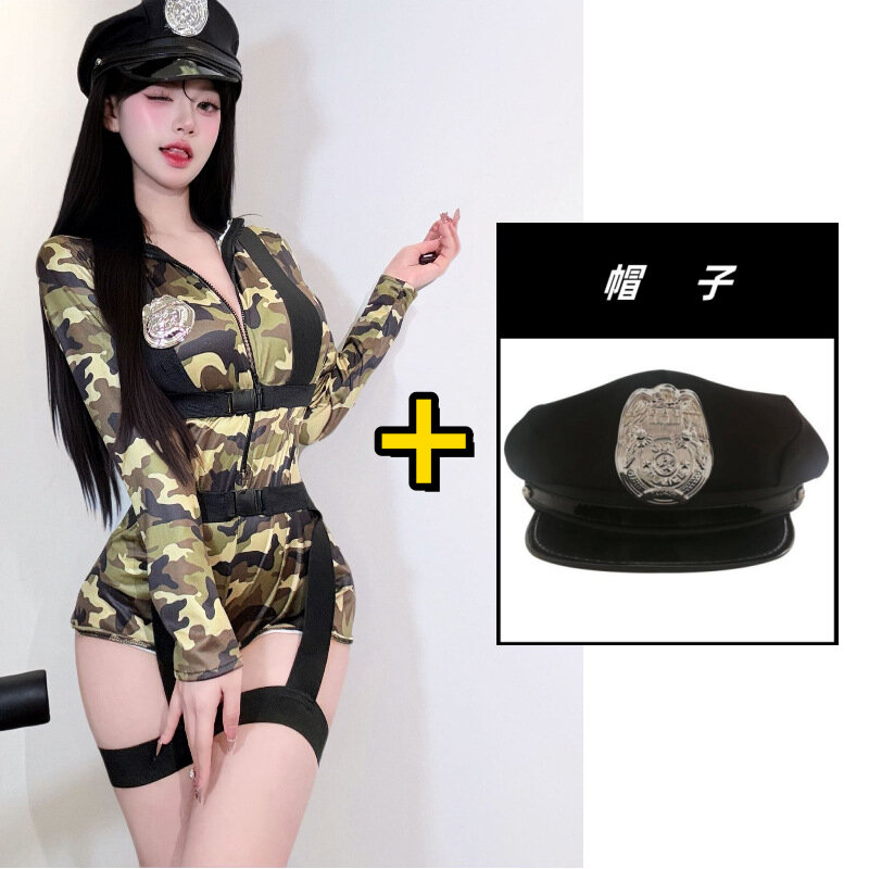 Сексуальное нижнее белье больших размеров, форма полицейской, соблазнительный комбинезон инструктора по полицейскому камуфляжу с лямками для косплея в ночном клубе. Камуфляжный костюм + головной убор.