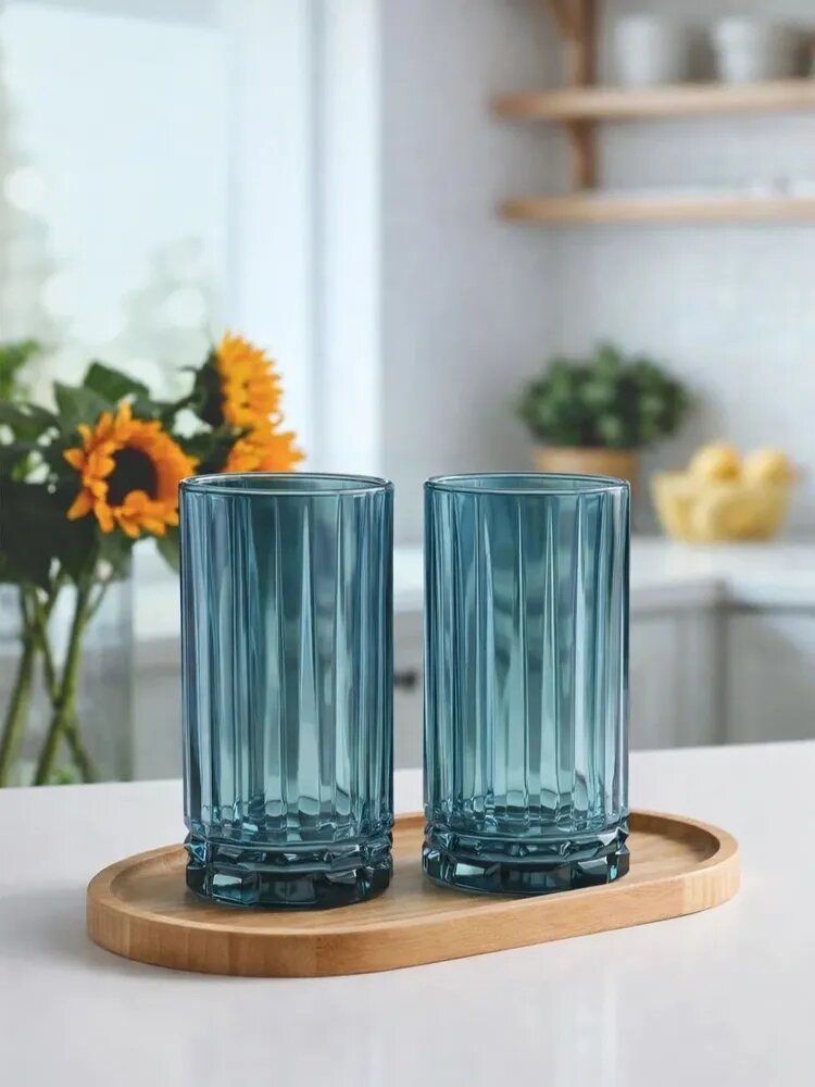 Стаканы набор синих высоких Arcoroc "Chicago" 2 шт, 380 мл. Ударопрочное стекло, для пива, коктейлей, воды. "Чикаго"