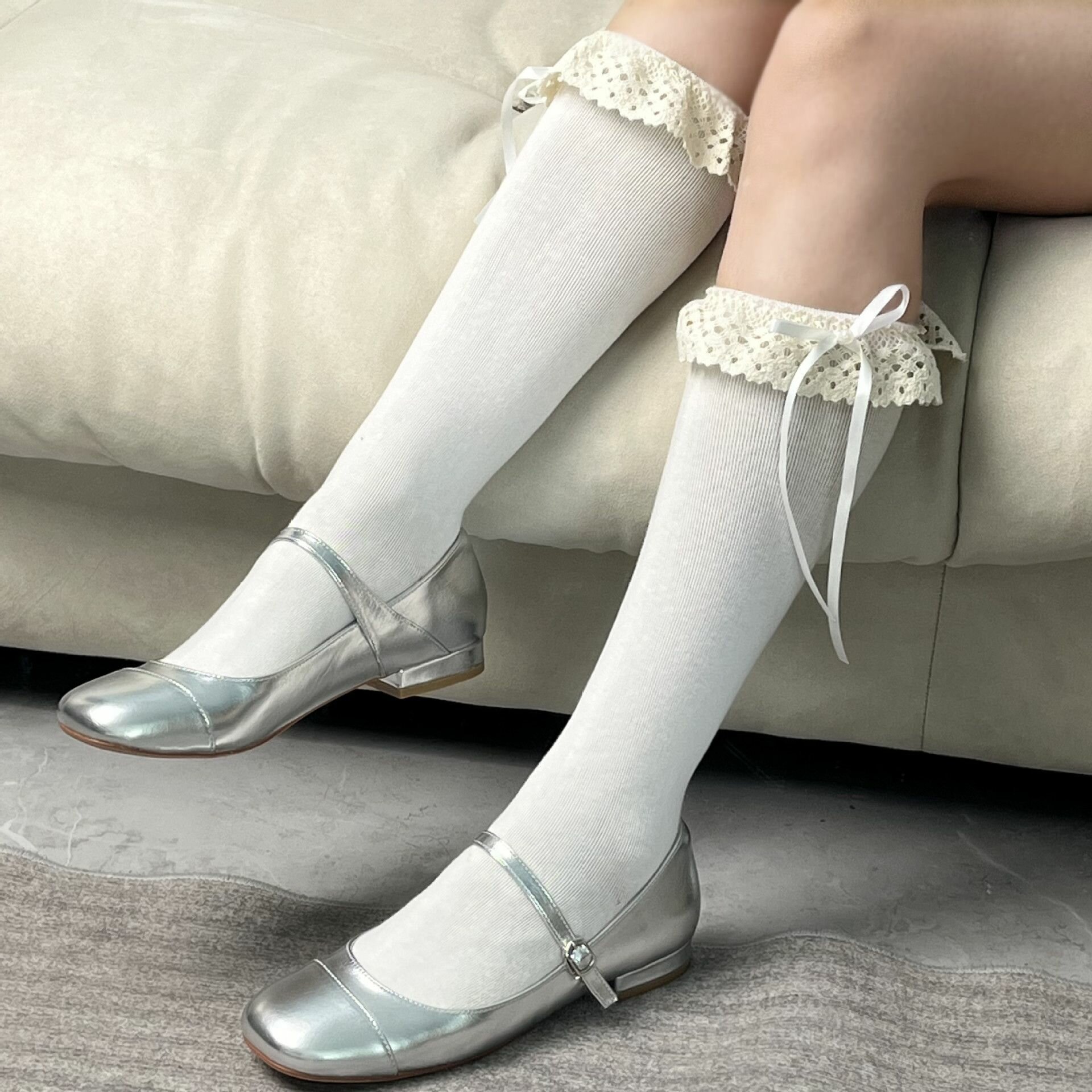 Сладкие носки с бантиком для девочек, носки выше колена с кружевной отделкой, носки в стиле лолита, длинные носки до бедра