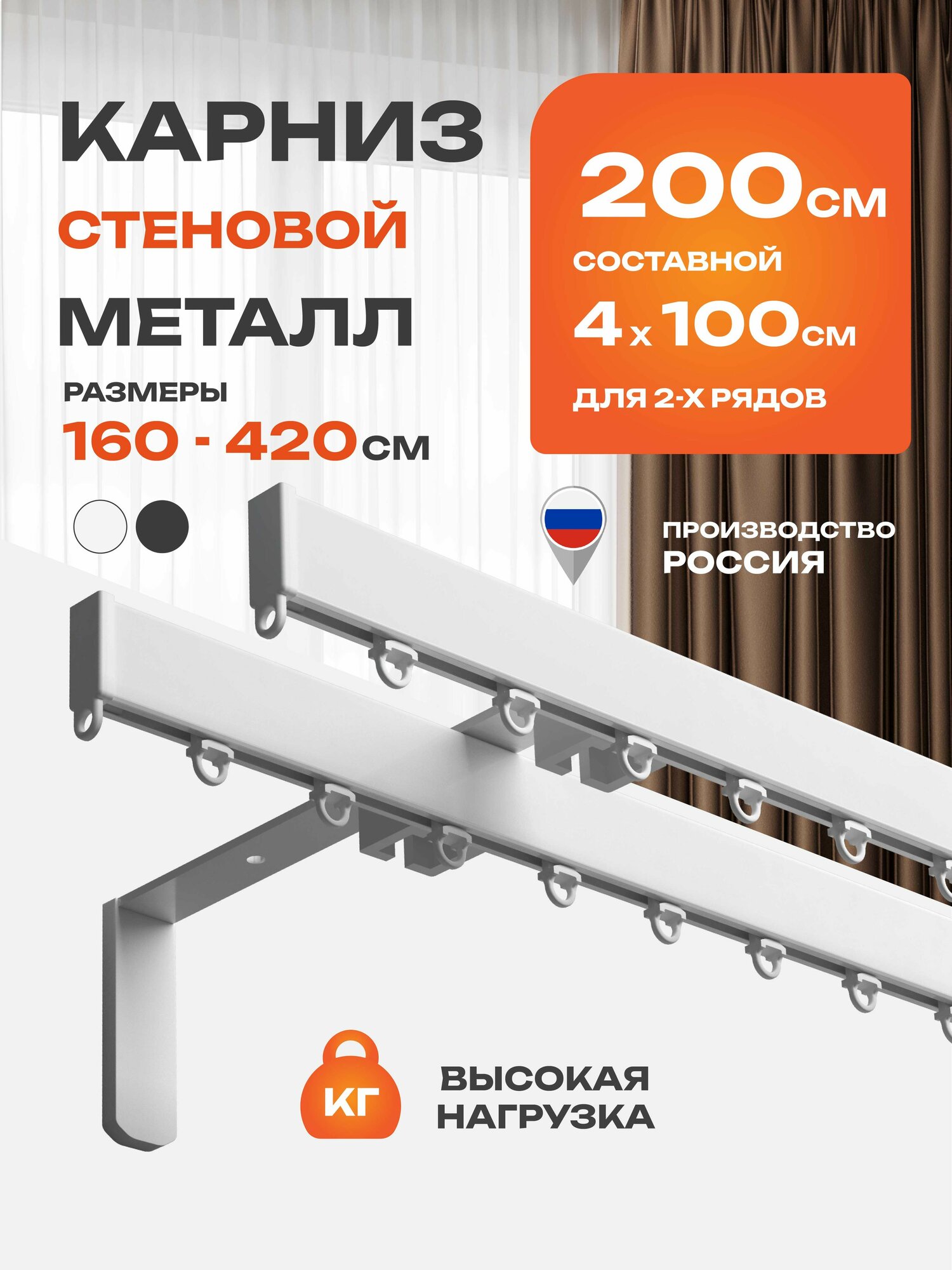 Карниз для штор двухрядный настенный 200 см металлический профильный составной белый, гардина для штор