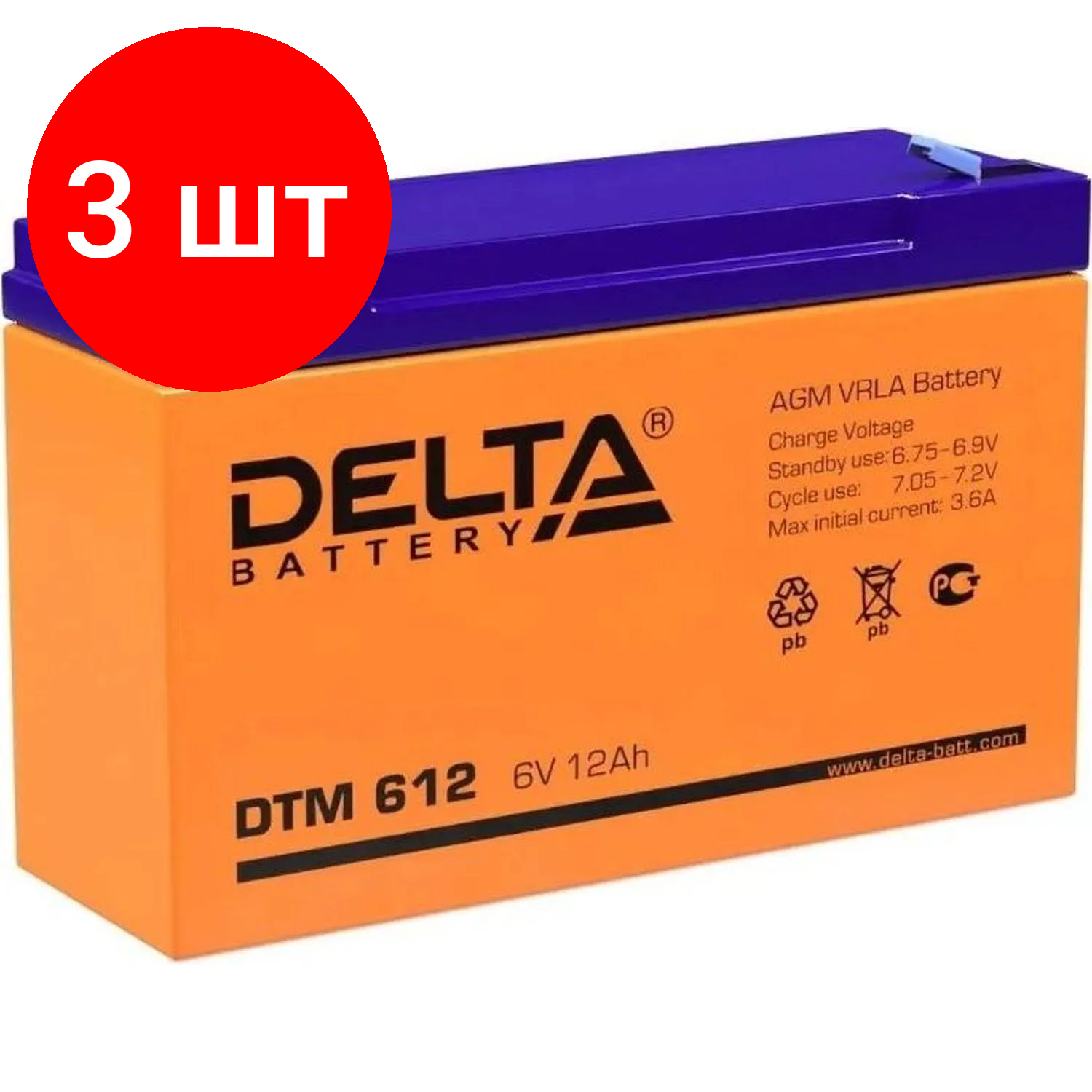 Комплект 3 штук, Батарея для ИБП Delta DTM 612 6/12 В/Ач 151x50x100