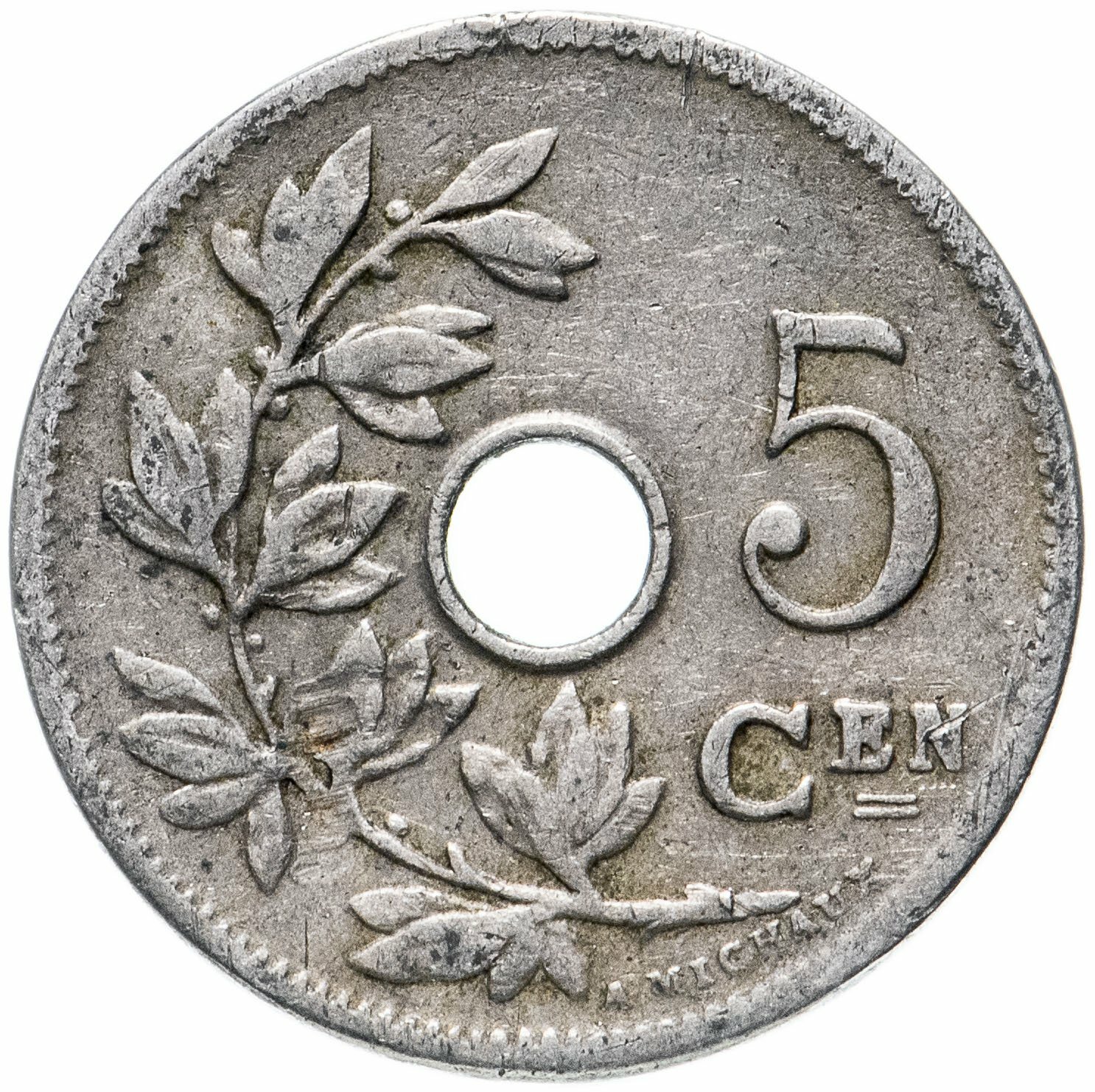 Бельгия 5 сантимов 1904-1907 Надпись на голландском - 'BELGIË', Мельхиор медь-никель, в сохранности VF