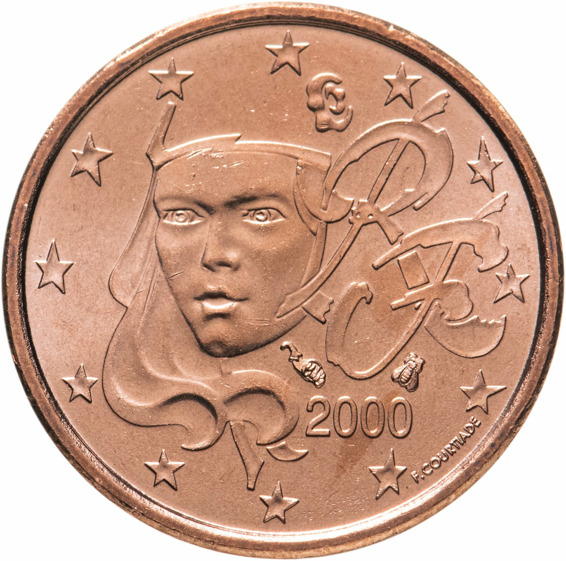 Франция 1 евроцент euro cent 2000, Сталь, плакированная медью, в сохранности AU-UNC