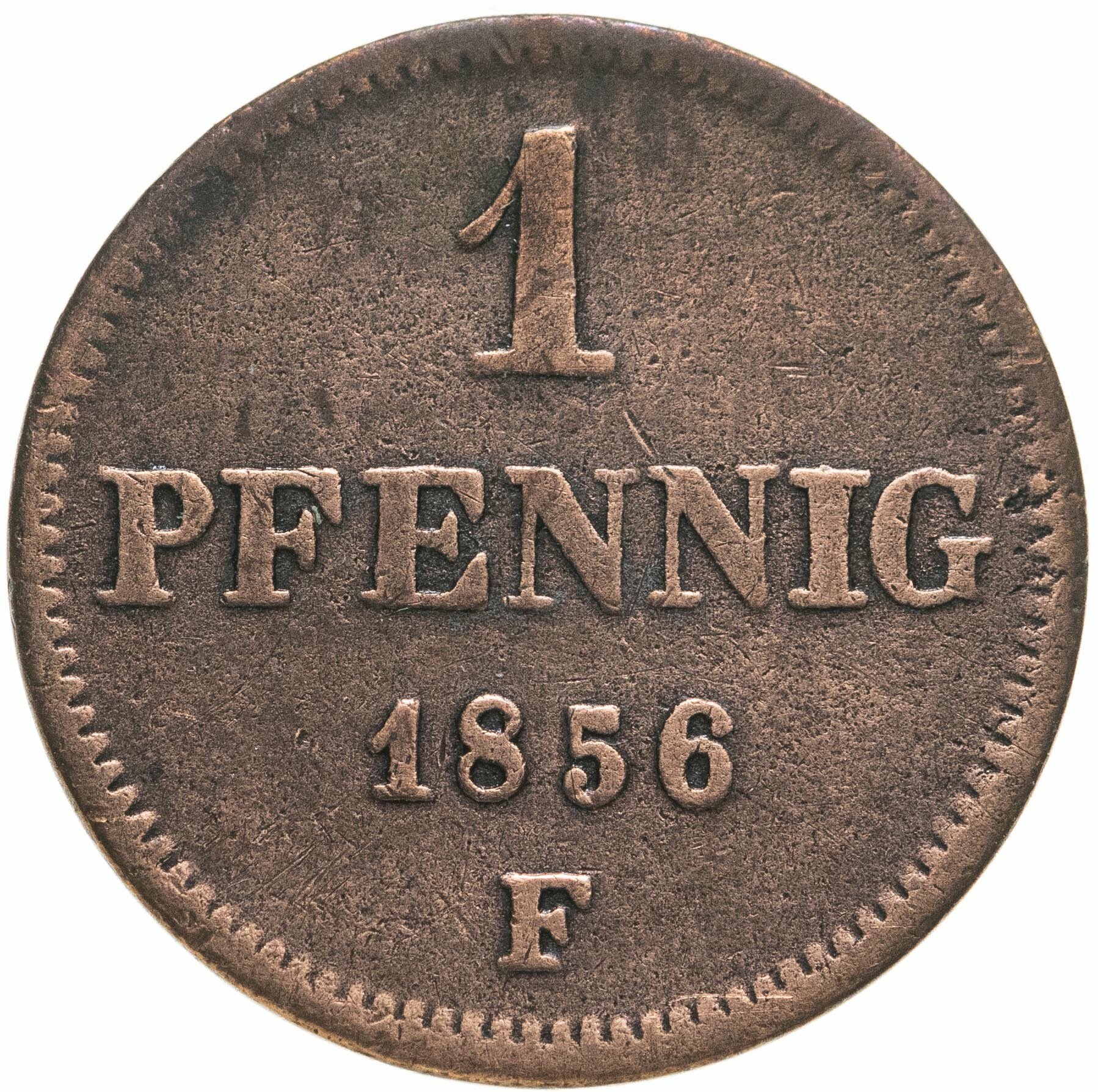 Германия, Саксония 1 пфенниг 1856, Медь, в сохранности VF