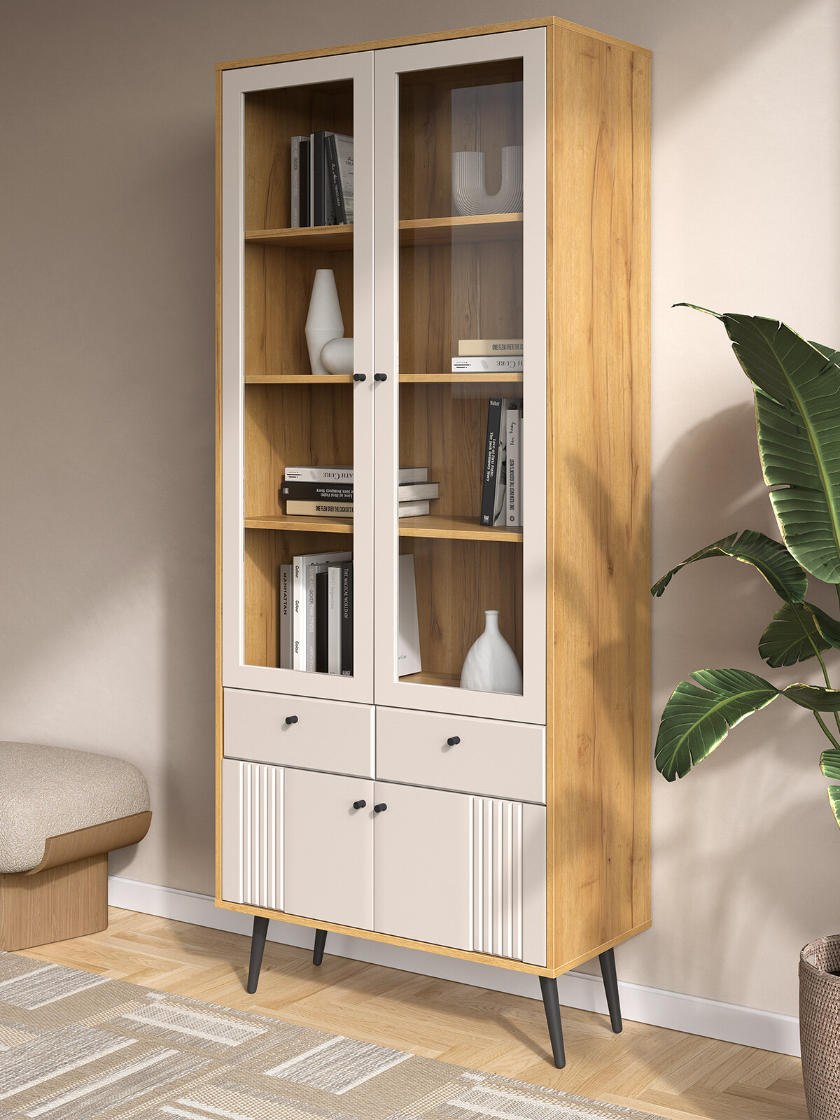 Шкаф-витрина Кураж Вега Саксония двухдверная 83.4х40х200 см, с ящиками, белая