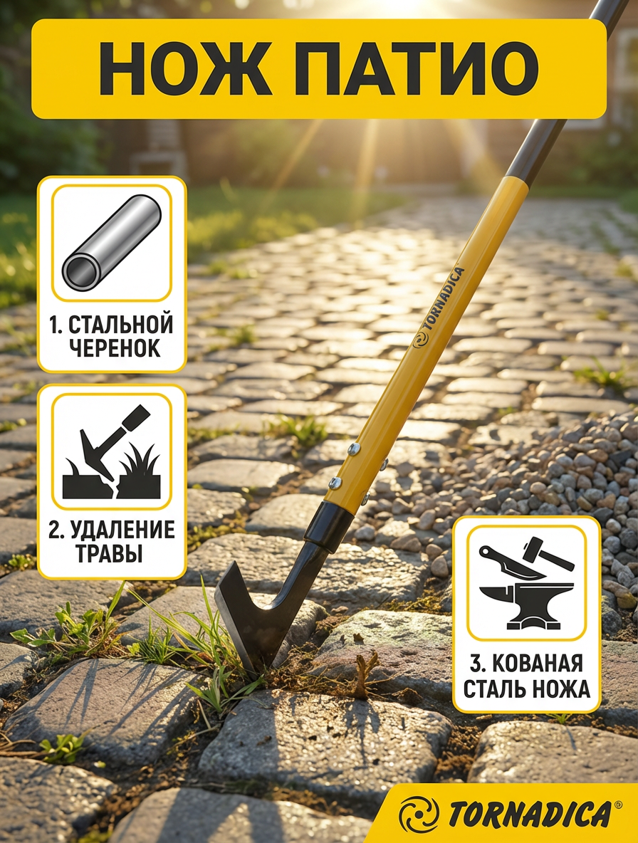 Удалитель сорняков в межплиточных швах Торнадика со стальным черенком 165 см. / Нож Патио садовый скребок для травы Tornadica / Скребок для льда