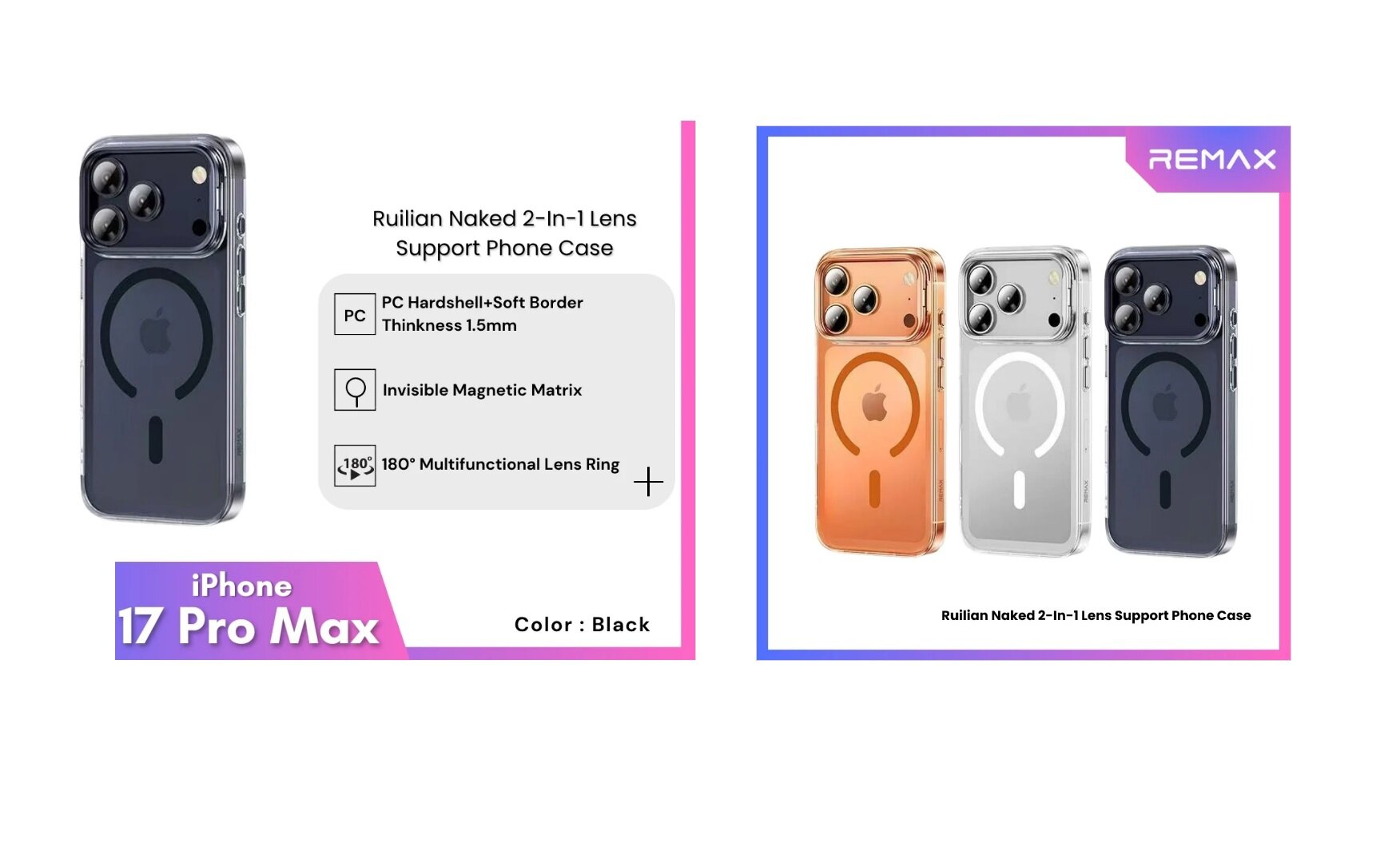 Чехол для iPhone 17 Pro Max, Remax Naked 2-in-1 Lens Holder Magnetic Case, Прозрачны/Черный