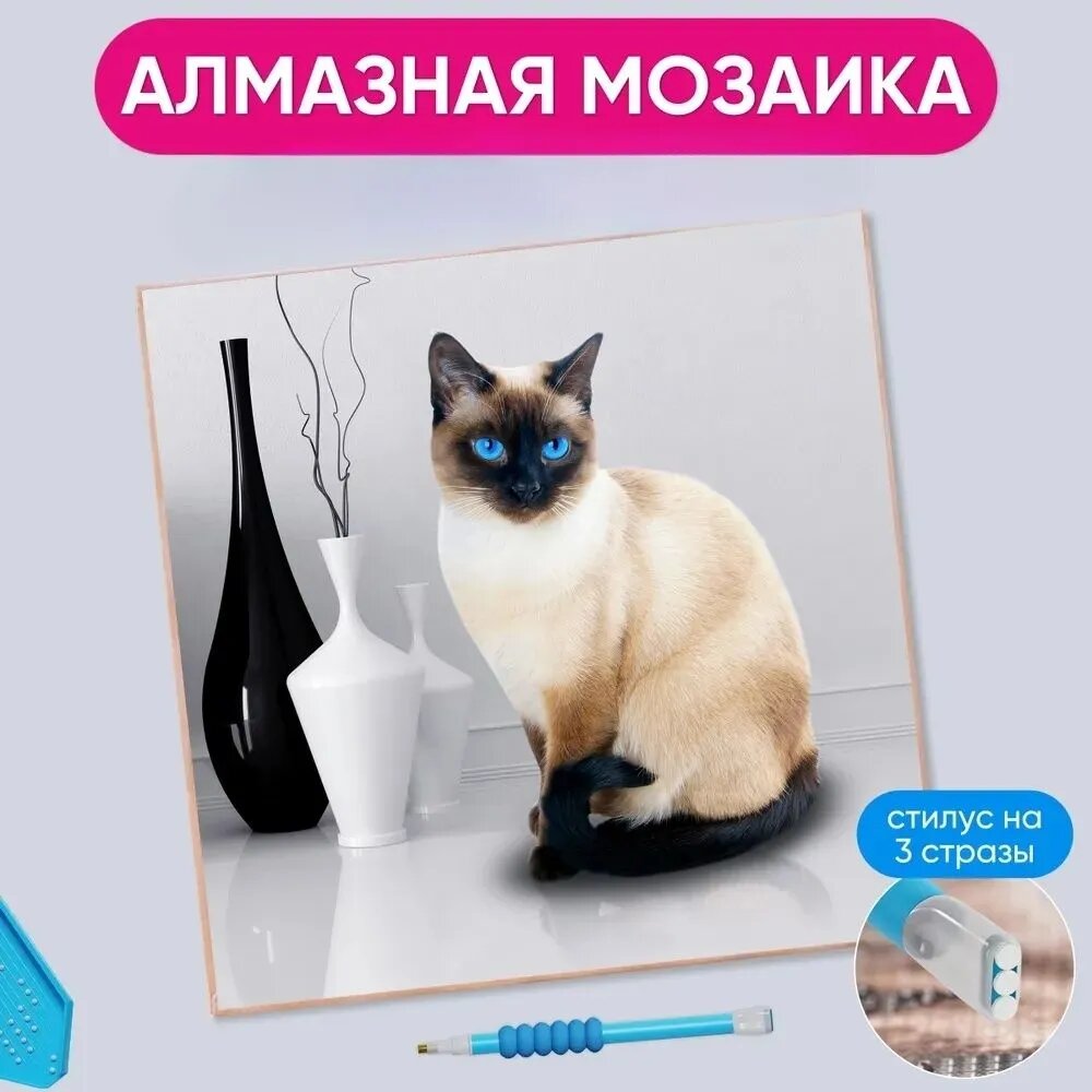 Алмазная мозаика "Сиамская кошка" 50х50 Алмазная вышивка / картина стразами, Полная выкладка