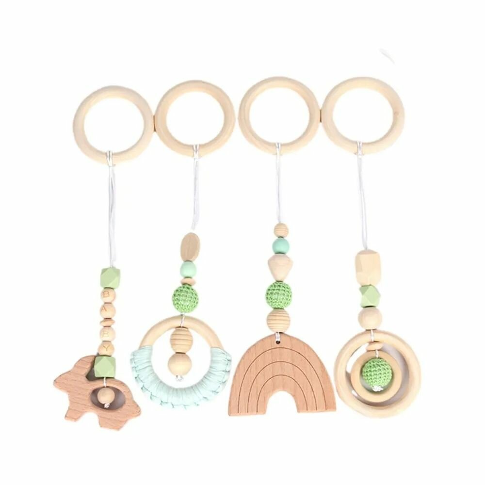 Подвесные игрушки на детский игровой тренажер деревянные, набор 4 шт, грызунки-прорезыватели в скандинавском стиле, развивающие погремушки Монтессори для новорожденных