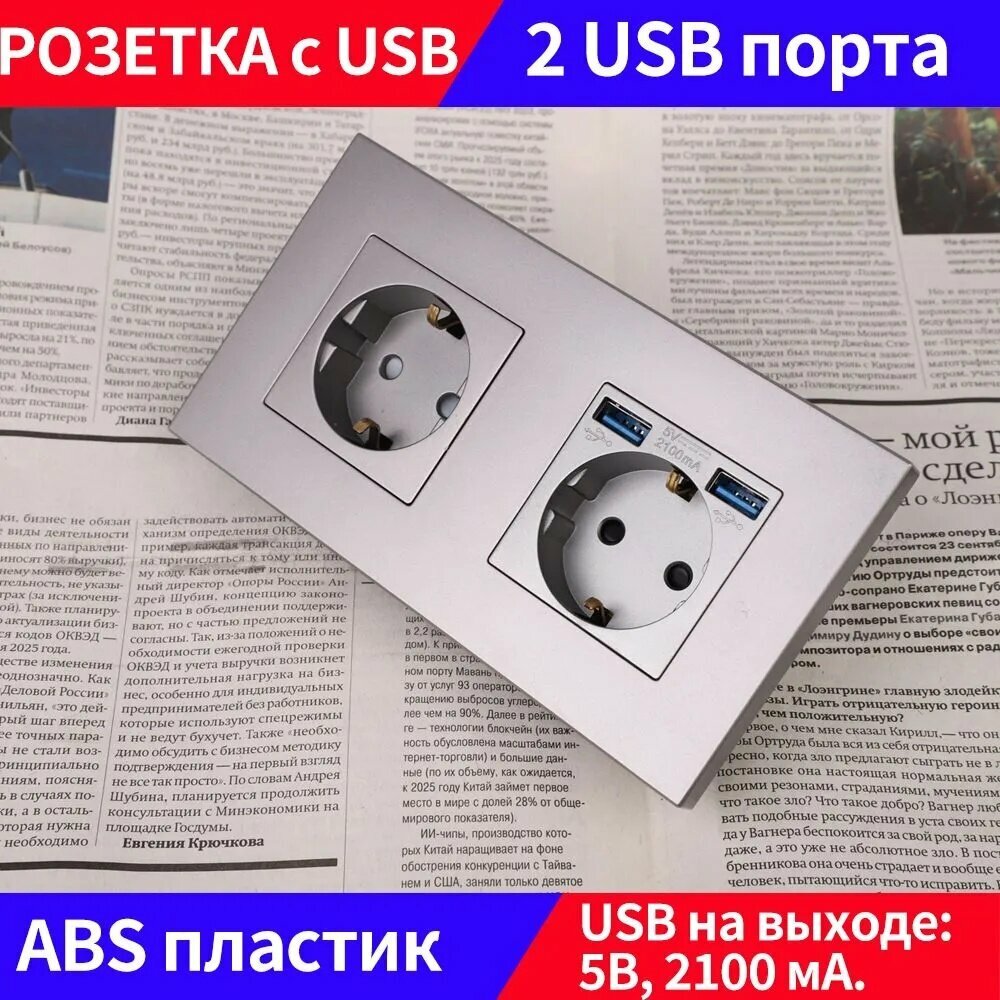 Pозетка с USB портами для зарядки, двойная с заземлением, 1шт серый