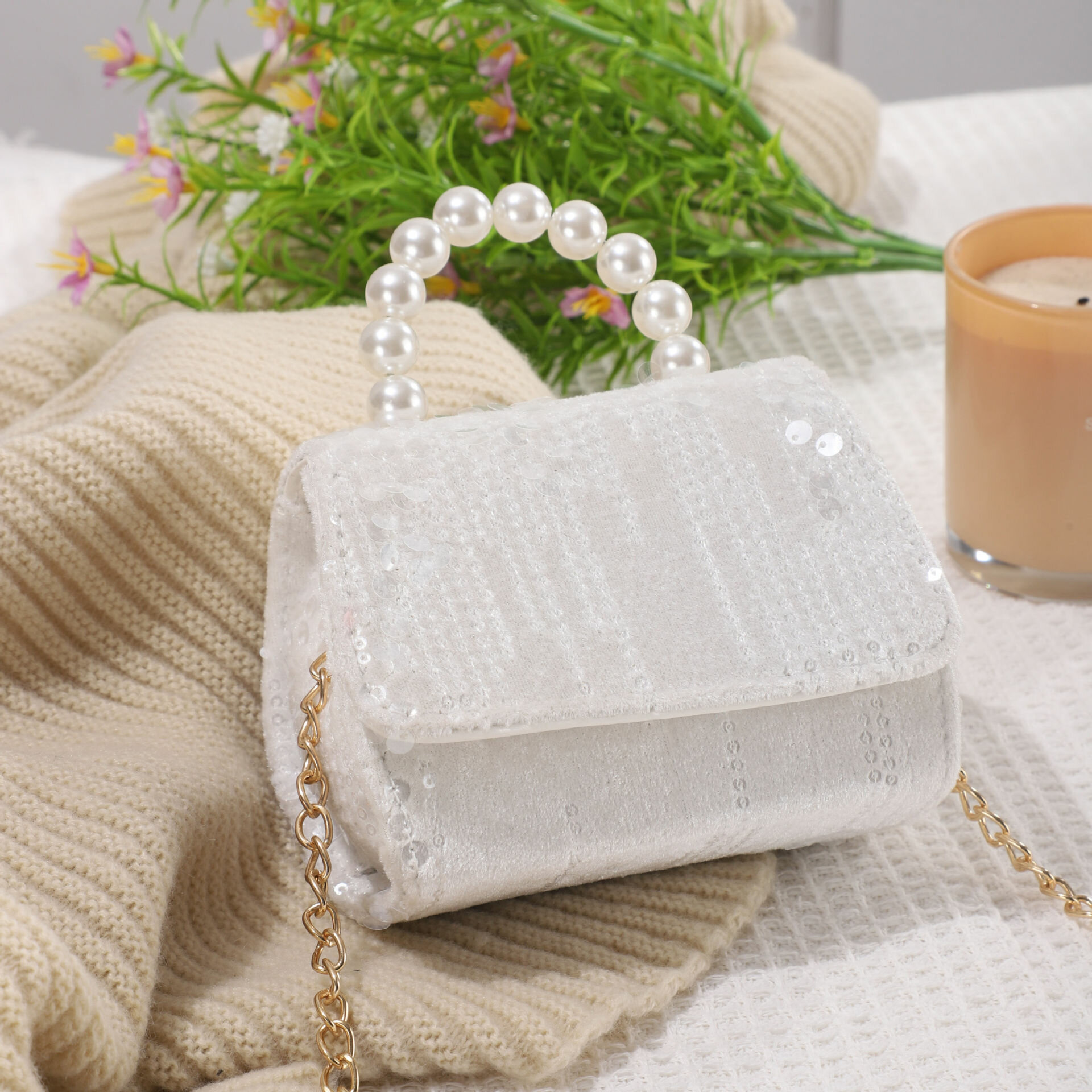 Осень Зима Новая мода Сумка из шерсти с пайетками для девочек Стильная сумка с жемчугом Сумка через плечо Сумка с магнитной застежкой